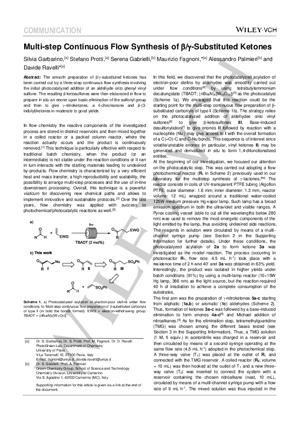 (PDF) Multi‐Step Continuous Flow Synthesis of β/γ‐Substituted Ketones | Davide Ravelli ...