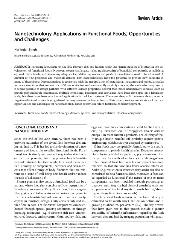 (PDF) Nanotechnology Applications in Functional Foods; Opportunities and Challenges