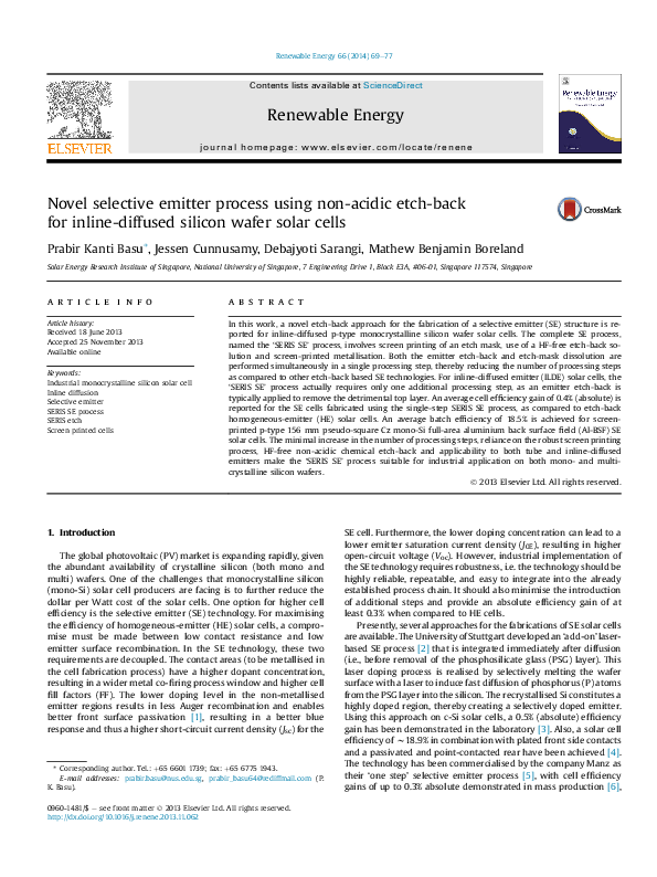 (PDF) Novel selective emitter process using non-acidic etch-back for inline-diffused silicon ...