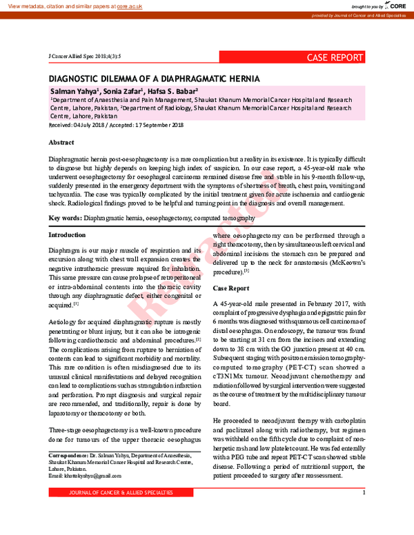 (PDF) Retracted: Diagnostic Dilemma of a Diaphragmatic Hernia | Sonia ...