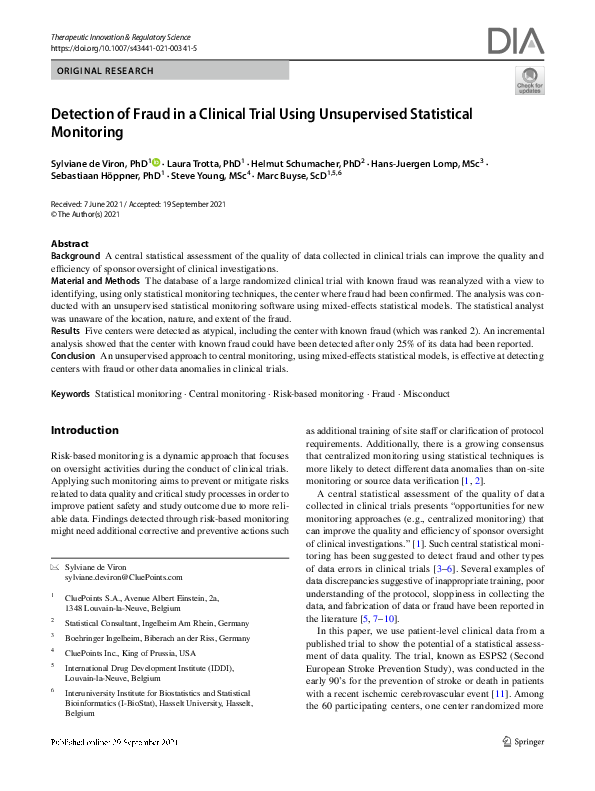 (PDF) Detection of Fraud in a Clinical Trial Using Unsupervised Statistical Monitoring