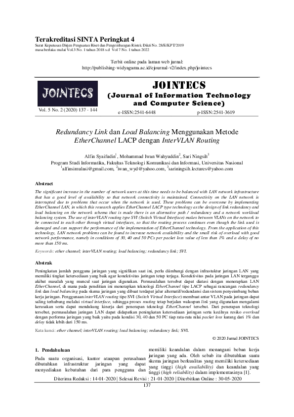 (PDF) Redundancy Link dan Load Balancing Menggunakan Metode EtherChannel LACP dengan InterVLAN ...