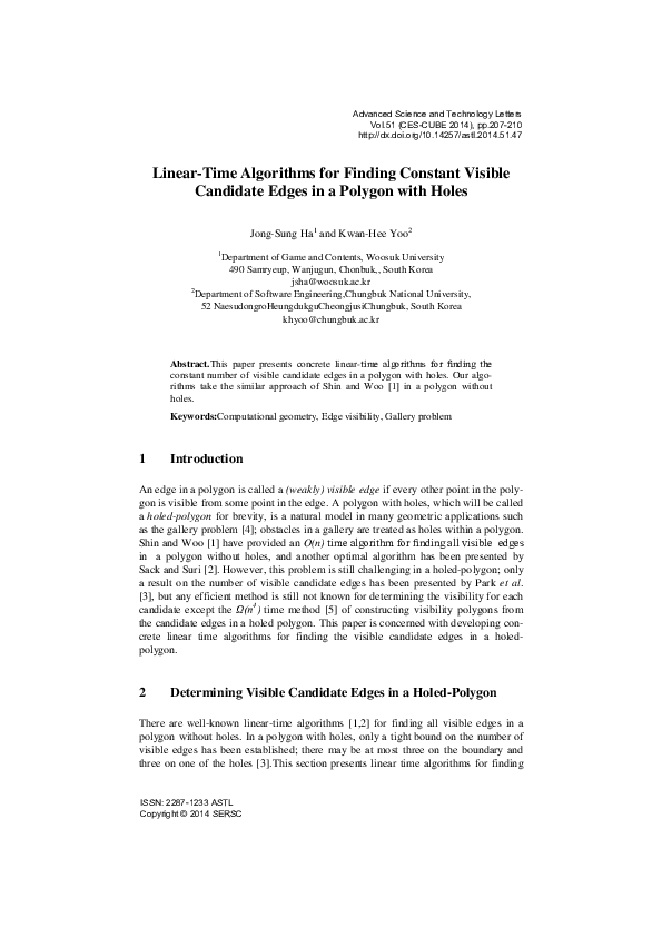 (PDF) Linear-Time Algorithms for Finding Constant Visible Candidate Edges in a Polygon with Holes