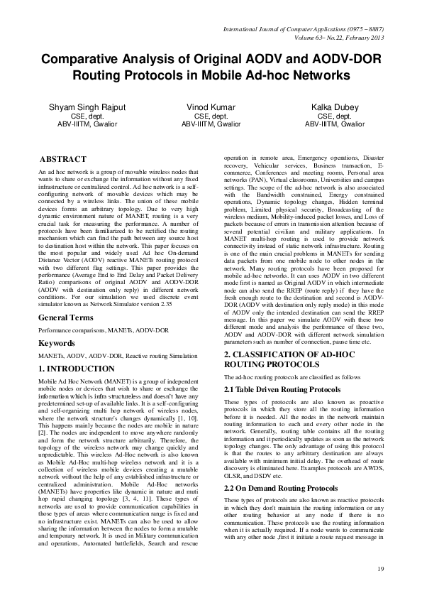 Pdf Comparative Analysis Of Original Aodv And Aodv Dor Routing
