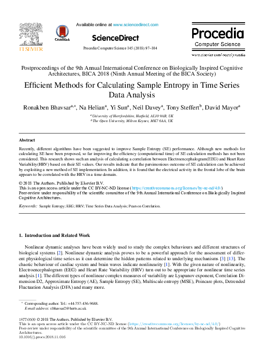Pdf Efficient Methods For Calculating Sample Entropy In Time Series Data Analysis