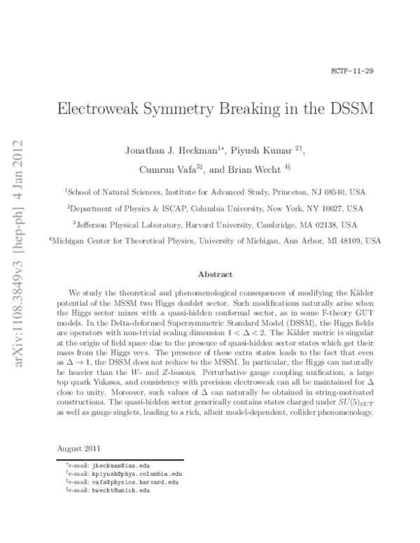 (PDF) Electroweak symmetry breaking in the DSSM