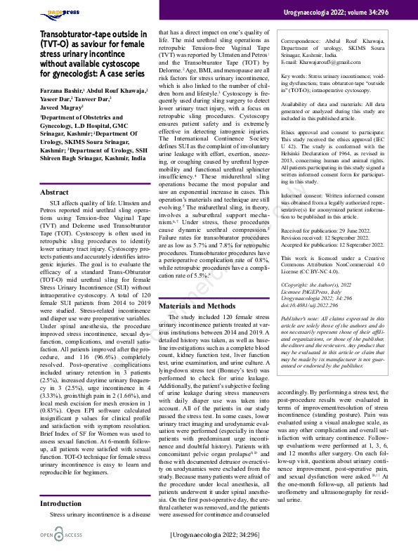 (PDF) Transobturator-tape outside in (TVT-O) as saviour for female ...