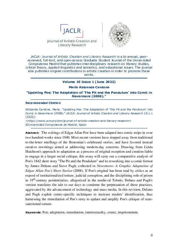 (PDF) Updating Poe: The Adaptation of 'The Pit and the Pendulum' into Comic in Nevermore (2008).