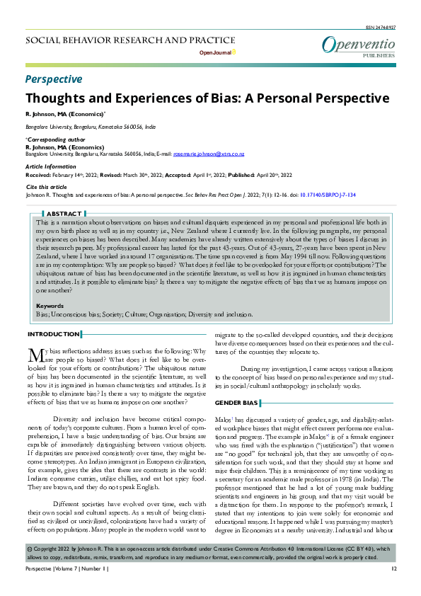 (PDF) Thoughts and Experiences of Bias: A Personal Perspective