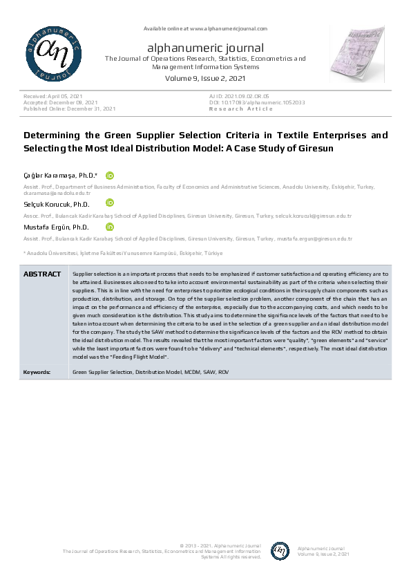 Pdf Determining The Green Supplier Selection Criteria In Textile Enterprises And Selecting The
