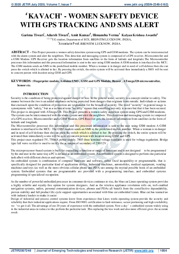 (PDF) Kavach' - Women Safety Device with GPS Tracking and SMS Alert