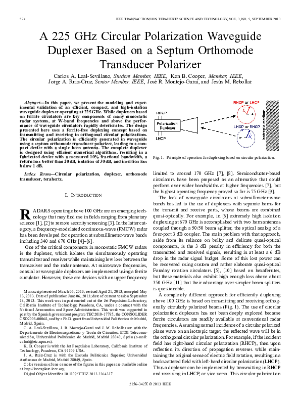 Pdf A 225 Ghz Circular Polarization Waveguide Duplexer Based On A Septum Orthomode Transducer