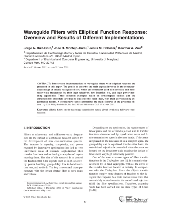 (PDF) Waveguide filters with elliptical function response: Overview and ...