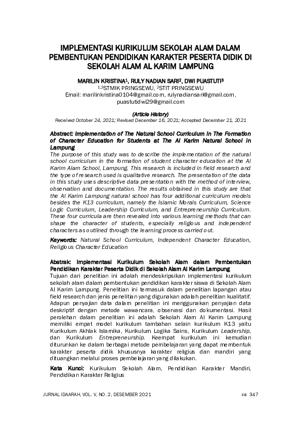 (PDF) Implementasi Kurikulum Sekolah Alam Dalam Pembentukan Pendidikan Karakter Peserta Didik DI ...