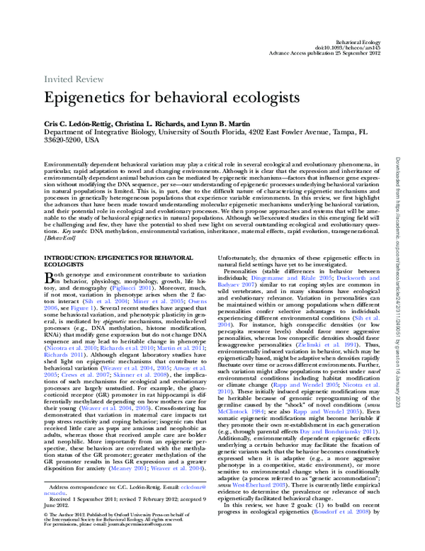 (PDF) Epigenetics for behavioral ecologists