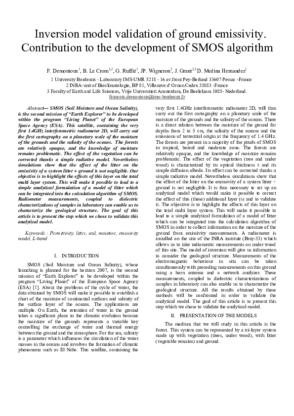 (PDF) Inversion model validation of ground emissivity. Contribution to the development of SMOS ...
