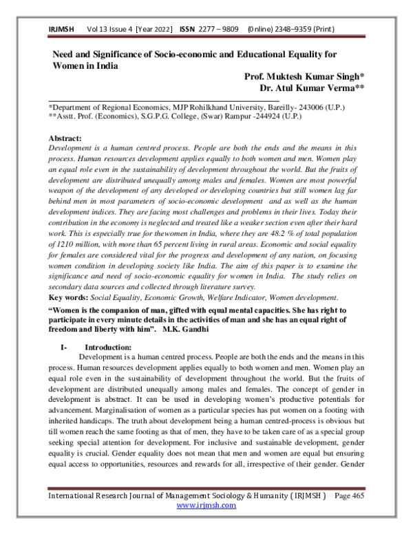 (PDF) Need and Significance of Socio-economic and Educational Equality for Women in India