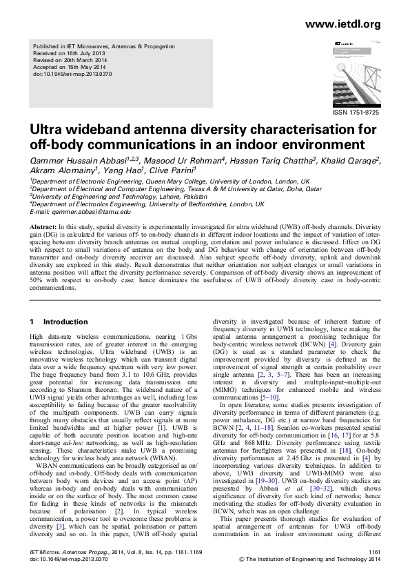 (PDF) Ultra wideband antenna diversity characterisation for off-body communications in an indoor ...