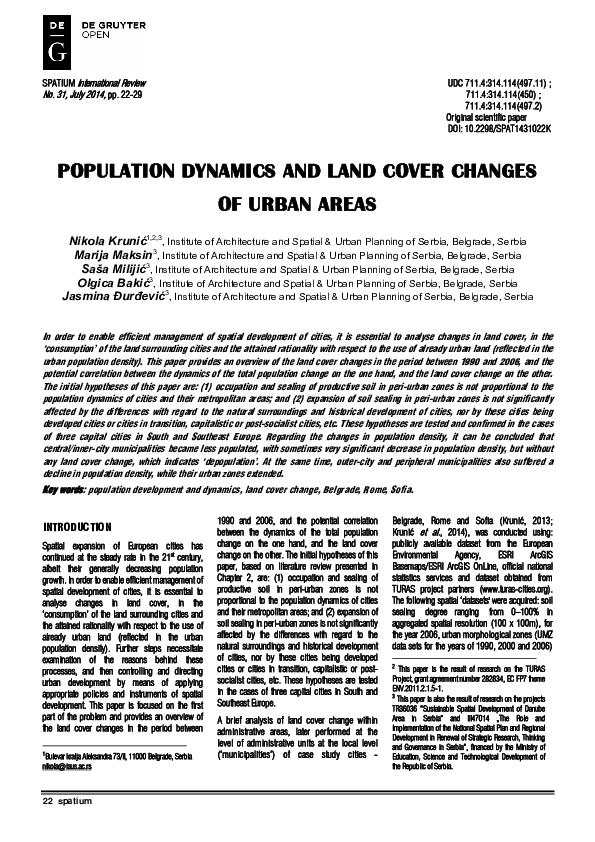 (PDF) Population dynamics and land cover changes of urban areas