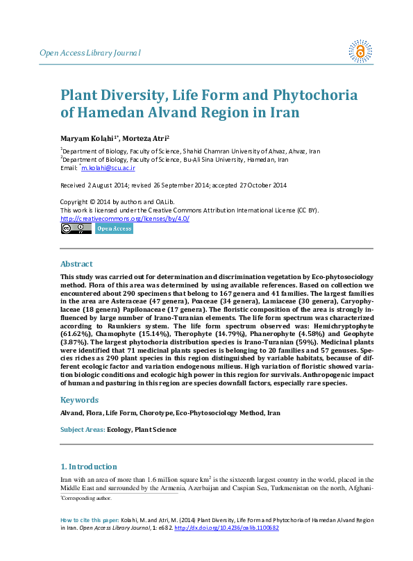 (PDF) Plant Diversity, Life Form and Phytochoria of Hamedan Alvand ...