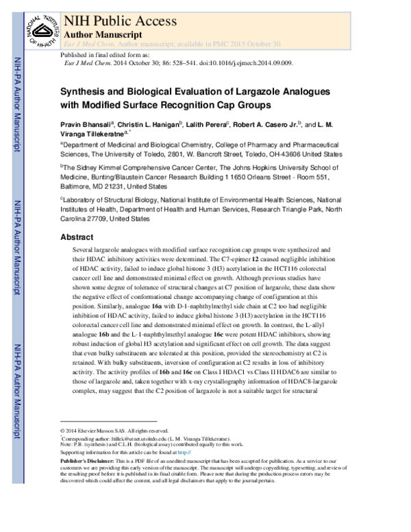 (PDF) Synthesis and biological evaluation of largazole analogues with modified surface ...