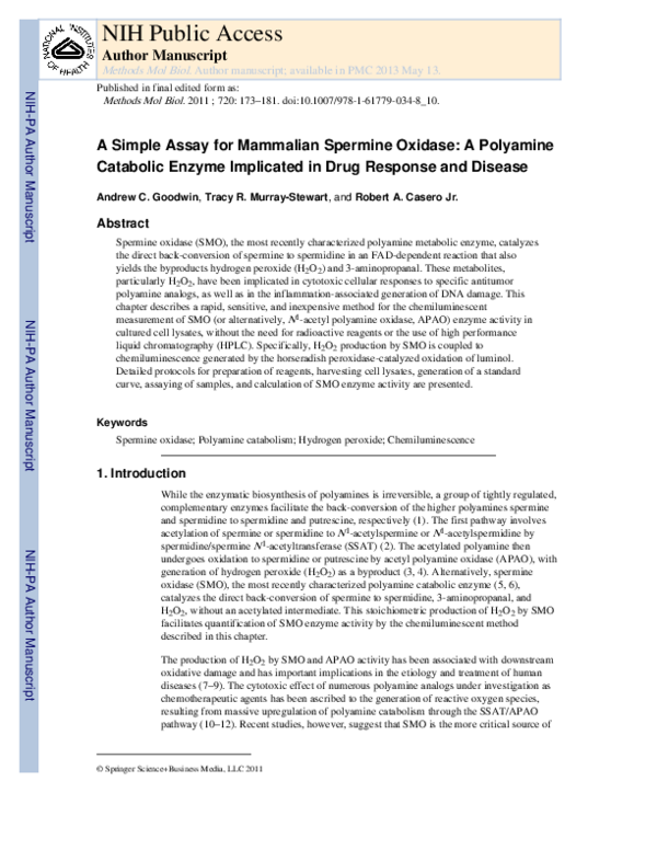 (PDF) A Simple Assay for Mammalian Spermine Oxidase: A Polyamine ...