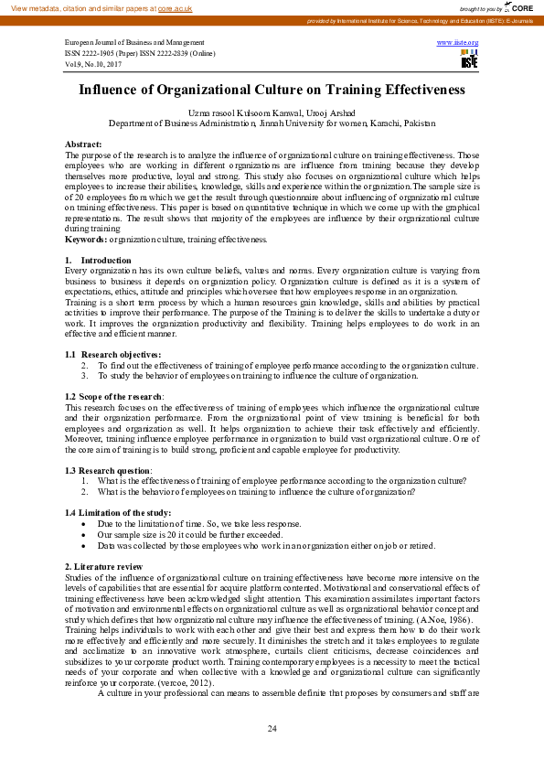 (PDF) Influence of Organizational Culture on Training Effectiveness