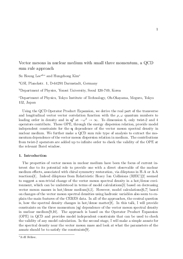 (PDF) Vector mesons in nuclear medium with small three momentum, a QCD ...