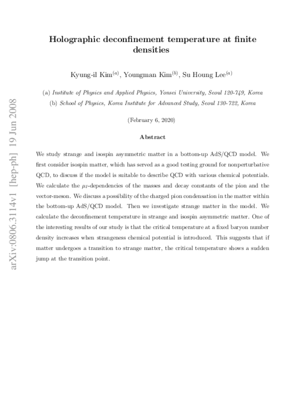 (PDF) Holographic deconfinement temperature at finite densities