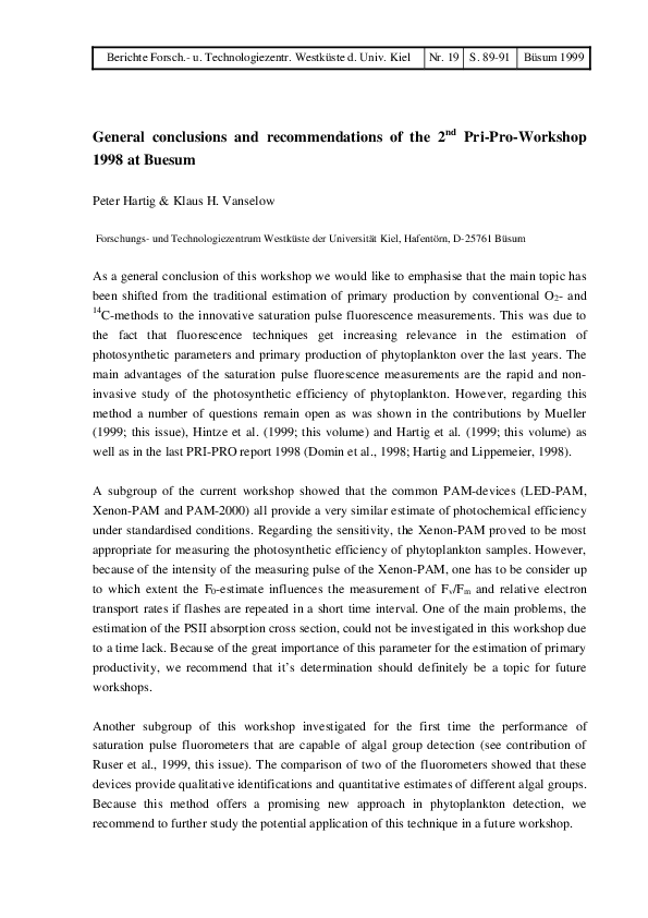 (PDF) General conclusions and recommendations of the 2 nd Pri-Pro-Workshop 1998 at Buesum