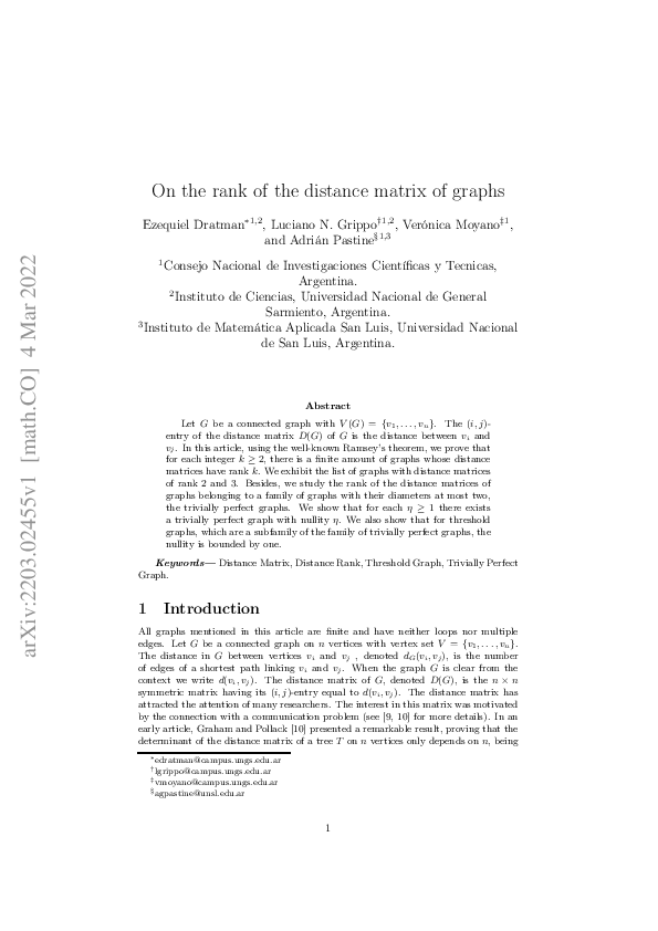 (PDF) On the rank of the distance matrix of graphs