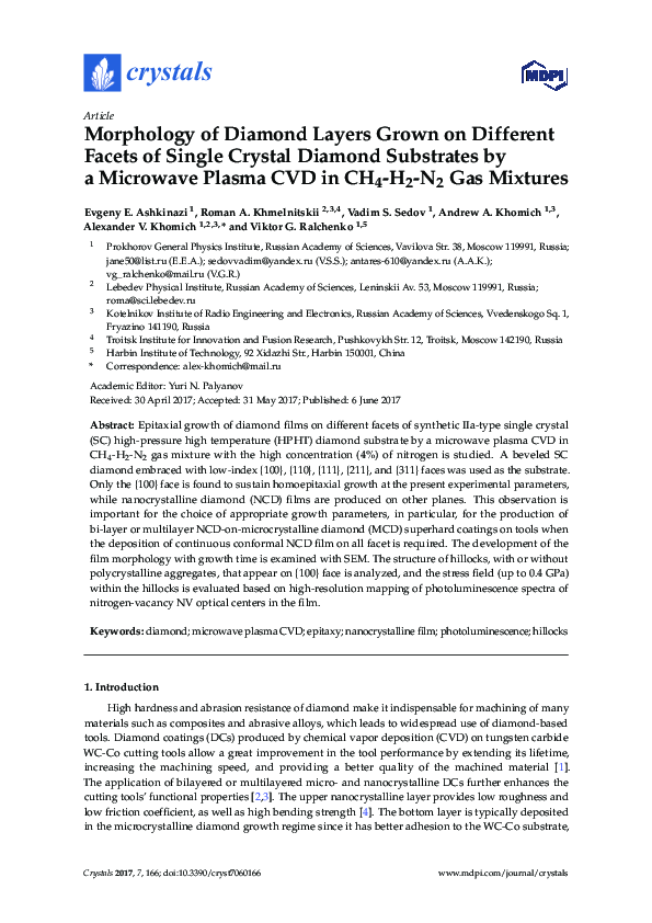 (PDF) Diamond Layer Growth on Single Crystal Facets