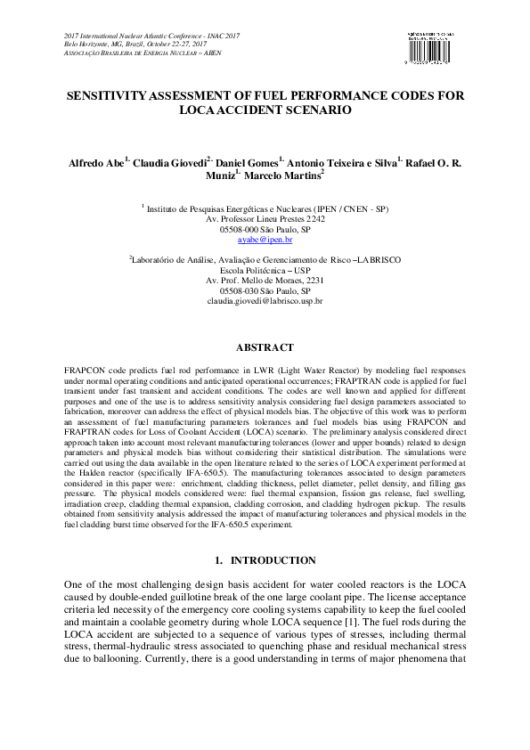 (PDF) Sensitivity assessment of fuel performance codes for loca ...