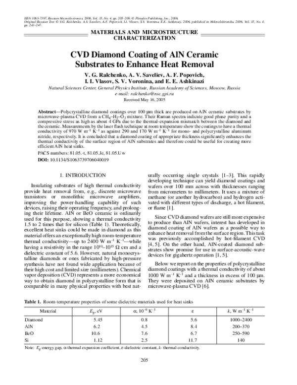 (PDF) CVD diamond coating of AlN ceramic substrates to enhance heat removal