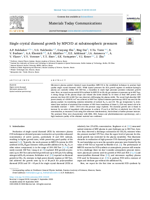 (PDF) Single crystal diamond growth by MPCVD at subatmospheric pressures