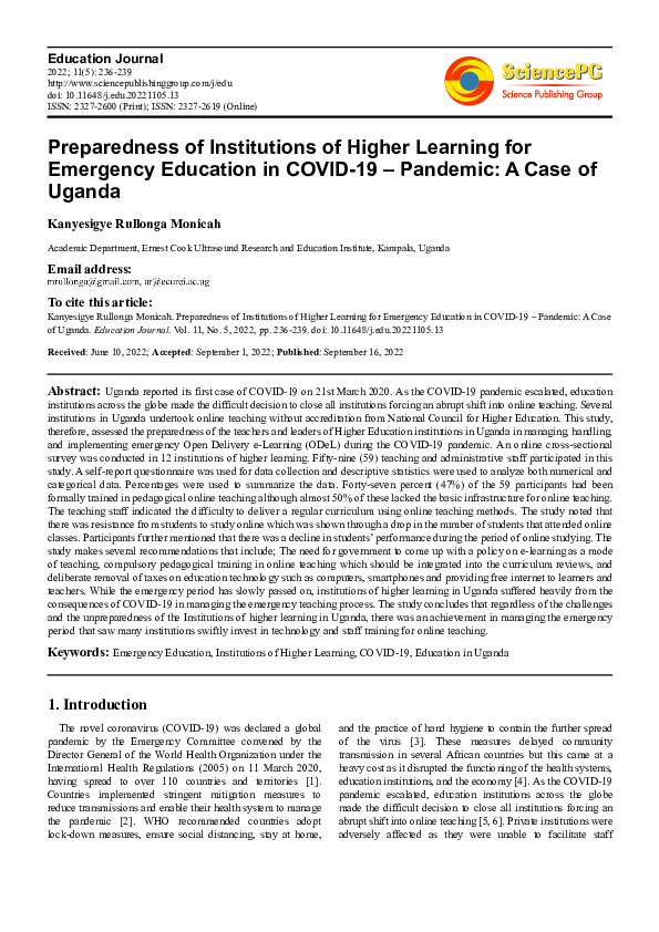 (PDF) Preparedness of Institutions of Higher Learning for Emergency ...