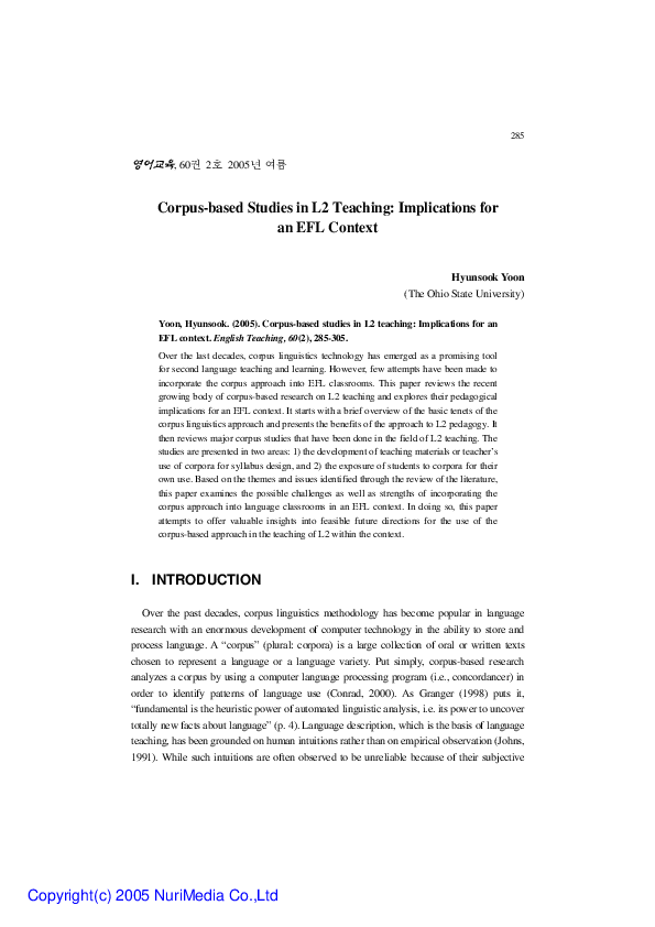 (PDF) Corpus-based Studies in L2 Teaching: Implications for an EFL Context
