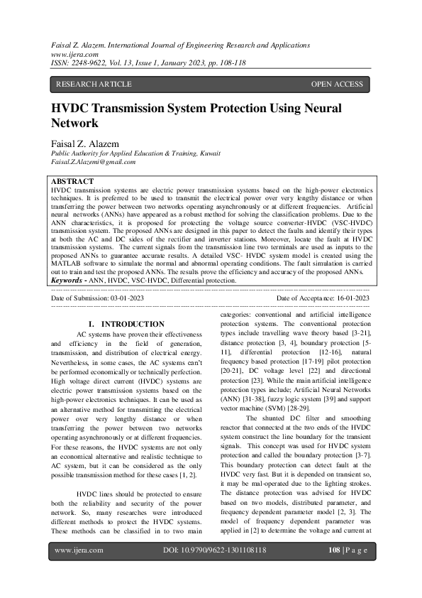 (PDF) HVDC Transmission System Protection Using Neural Network