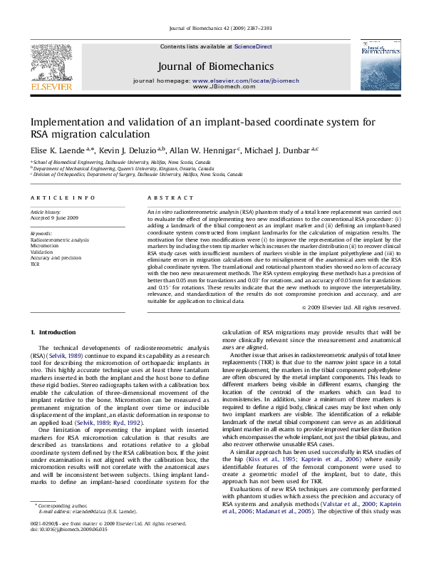 Pdf Implementation And Validation Of An Implant Based Coordinate System For Rsa Migration