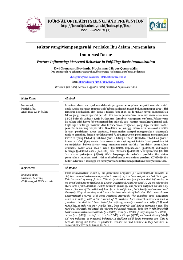 (PDF) Faktor yang Berhubungan dengan Perilaku Ibu dalam Pemenuhan Imunisasi Dasar