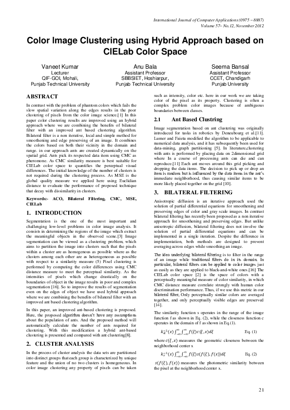 (PDF) Color Image Clustering using hybrid Approach based on CIELab ...