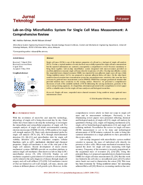 (PDF) Lab-on-Chip Microfluidics System for Single Cell Mass Measurement ...