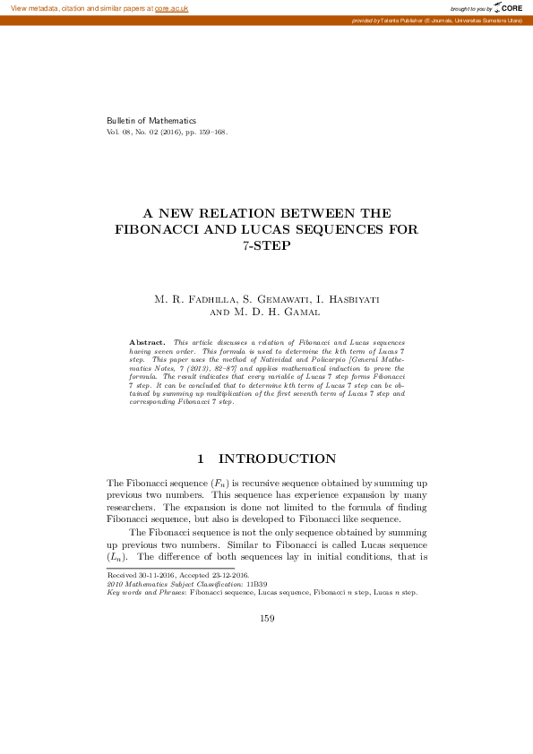 (PDF) A New Relation Between the Fibonacci and Lucas Sequences for 7-STEP