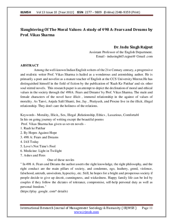 (PDF) Slaughtering Of The Moral Values: A study of 498 A: Fears and Dreams by Prof. Vikas Sharma