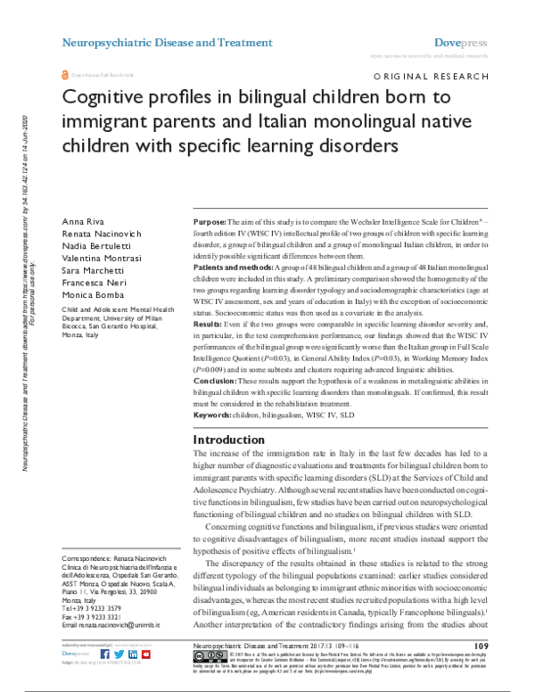 (PDF) Cognitive profiles in bilingual children born to immigrant parents and Italian monolingual ...