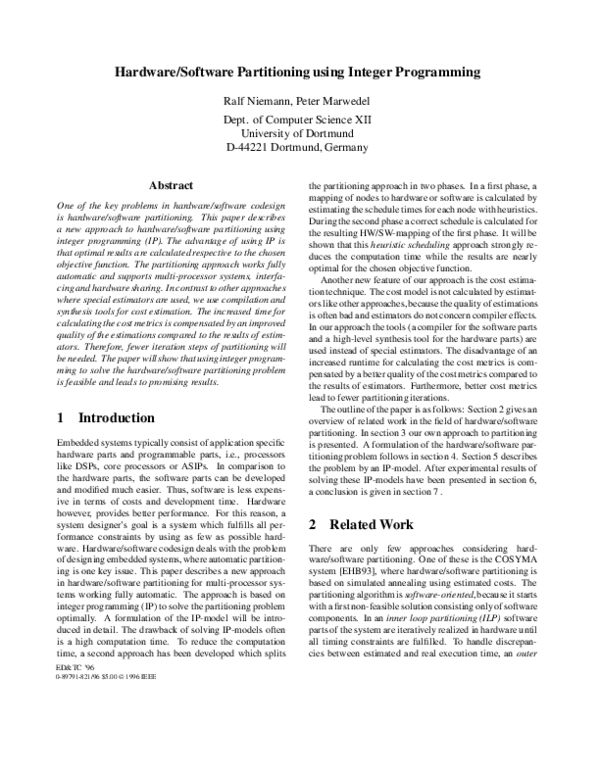 Pdf Hardware Software Partitioning Using Integer Programming