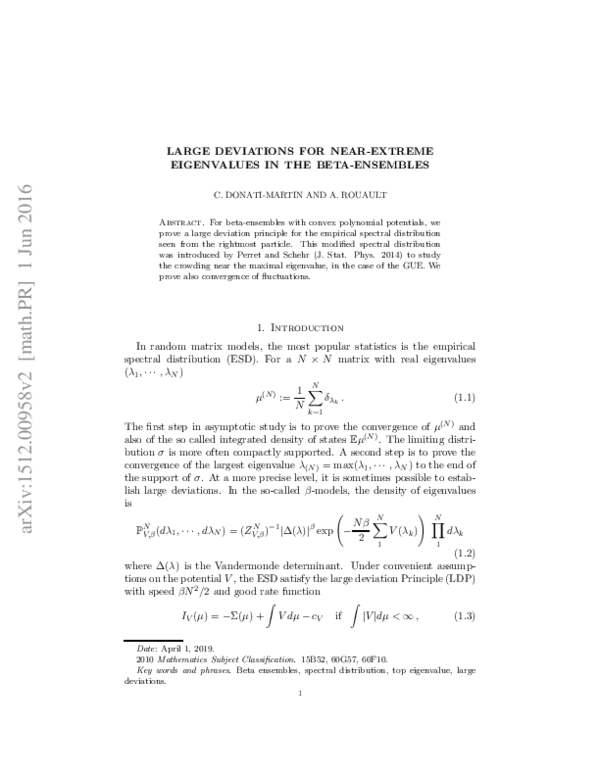 (PDF) Large deviations for near-extreme eigenvalues in the beta-ensembles