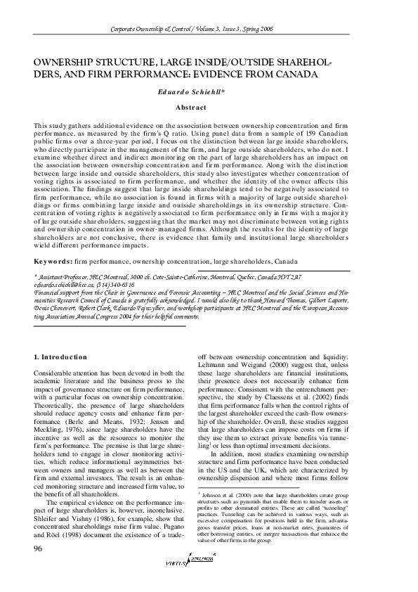 (PDF) Ownership structure, large inside/outside shareholders, and firm performance: evidence ...