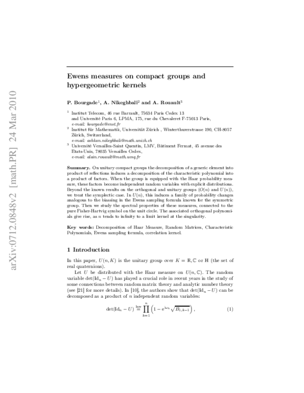 (PDF) Ewens Measures on Compact Groups and Hypergeometric Kernels