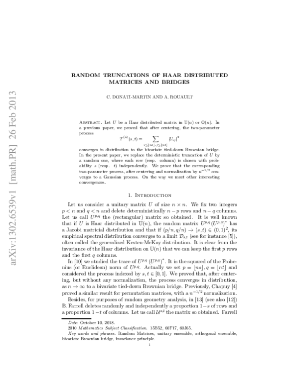 Pdf 3 Random Truncations Of Haar Distributed Matrices And Bridges